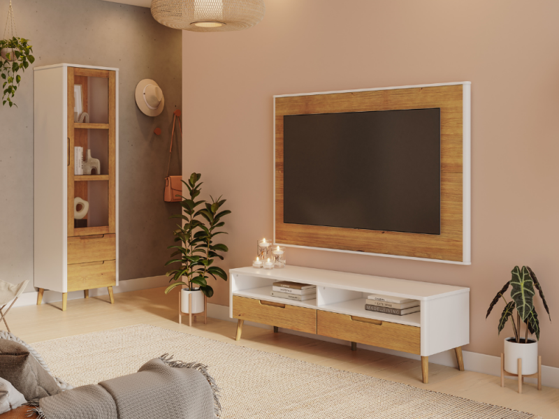 PAINEL DE TV NO ACABAMENTO BRANCO E FREIJÓ / COLEÇÃO SCANDIAN